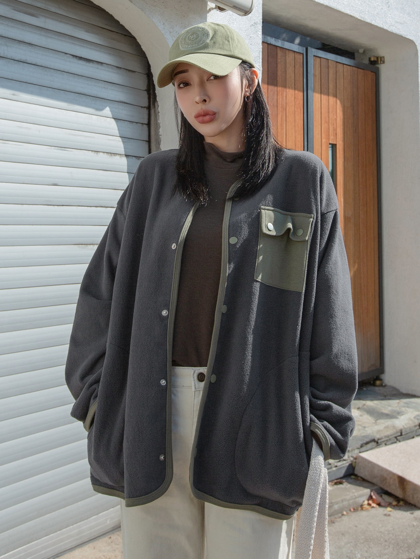 DAZY コート コントラストバインディング フラップポケット ドロップショルダー フリース