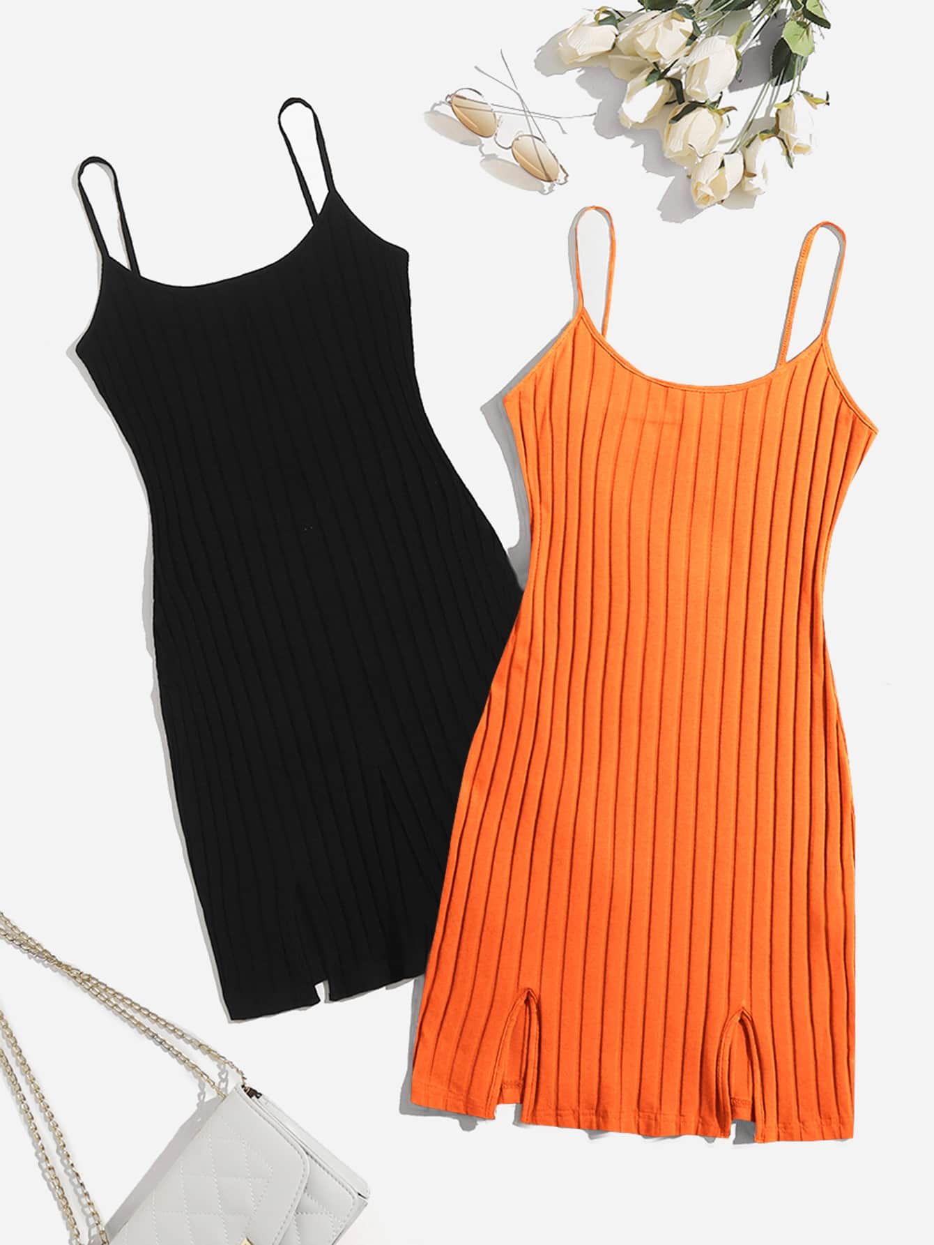 Shein Ezwear 2 Piezas Vestido Bajo Con Abertura M Tejido De Canalé