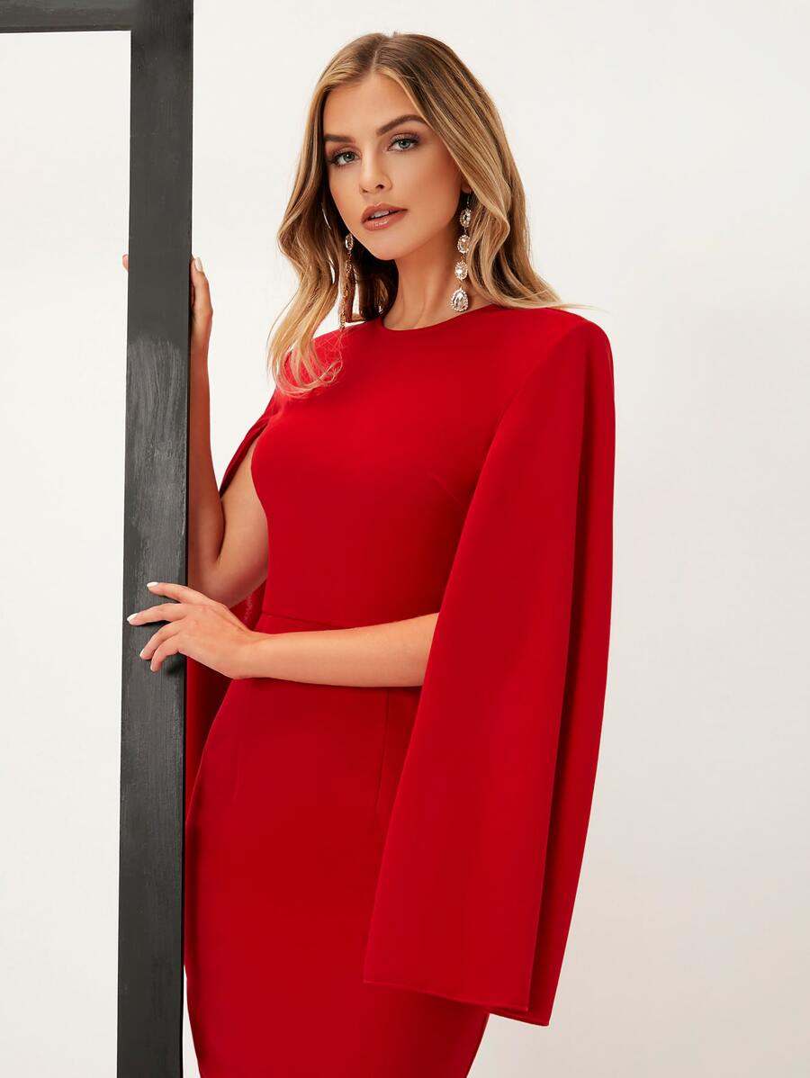 Shein Belle Solid Cloak Sleeve Split Back Dress Shein