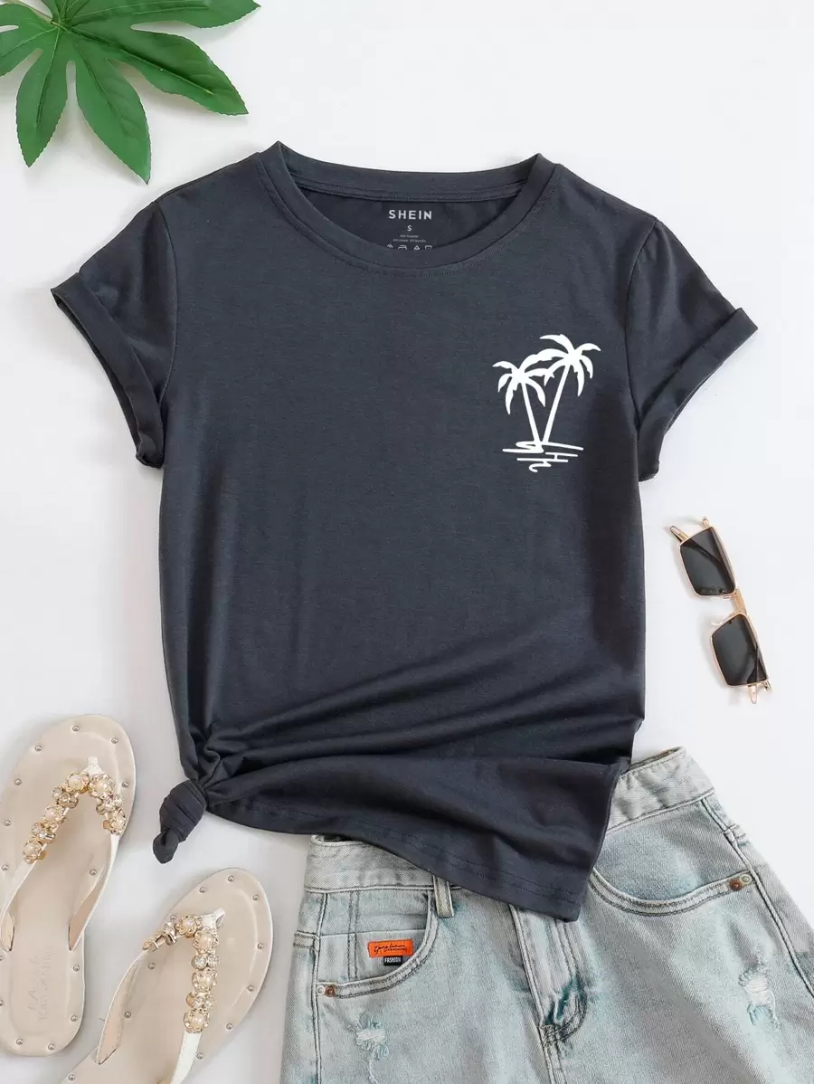INAWLY Palm Tree Print Tee Graphic Tees Women Tops | SHEIN USA