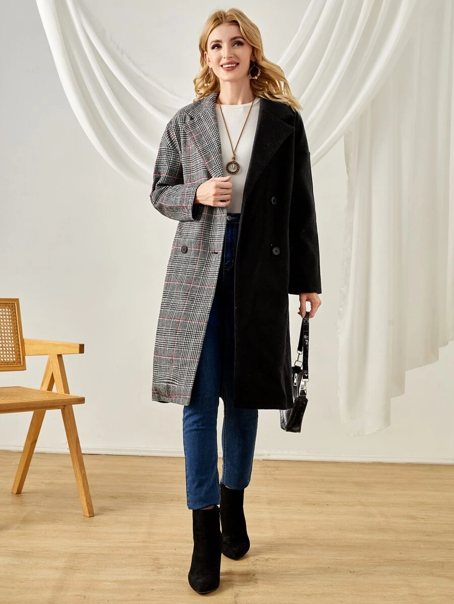 EMERY ROSE Colorblock & Plaid Print Double Breasted Overcoat | SHEIN USA