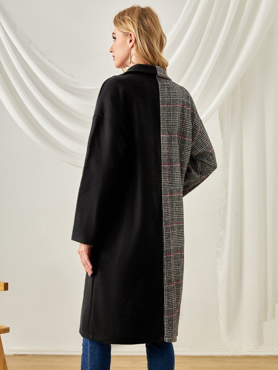 EMERY ROSE Colorblock & Plaid Print Double Breasted Overcoat | SHEIN USA