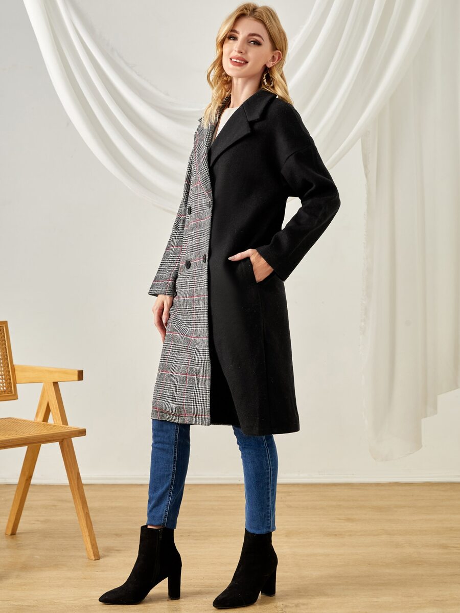 EMERY ROSE Colorblock & Plaid Print Double Breasted Overcoat | SHEIN USA
