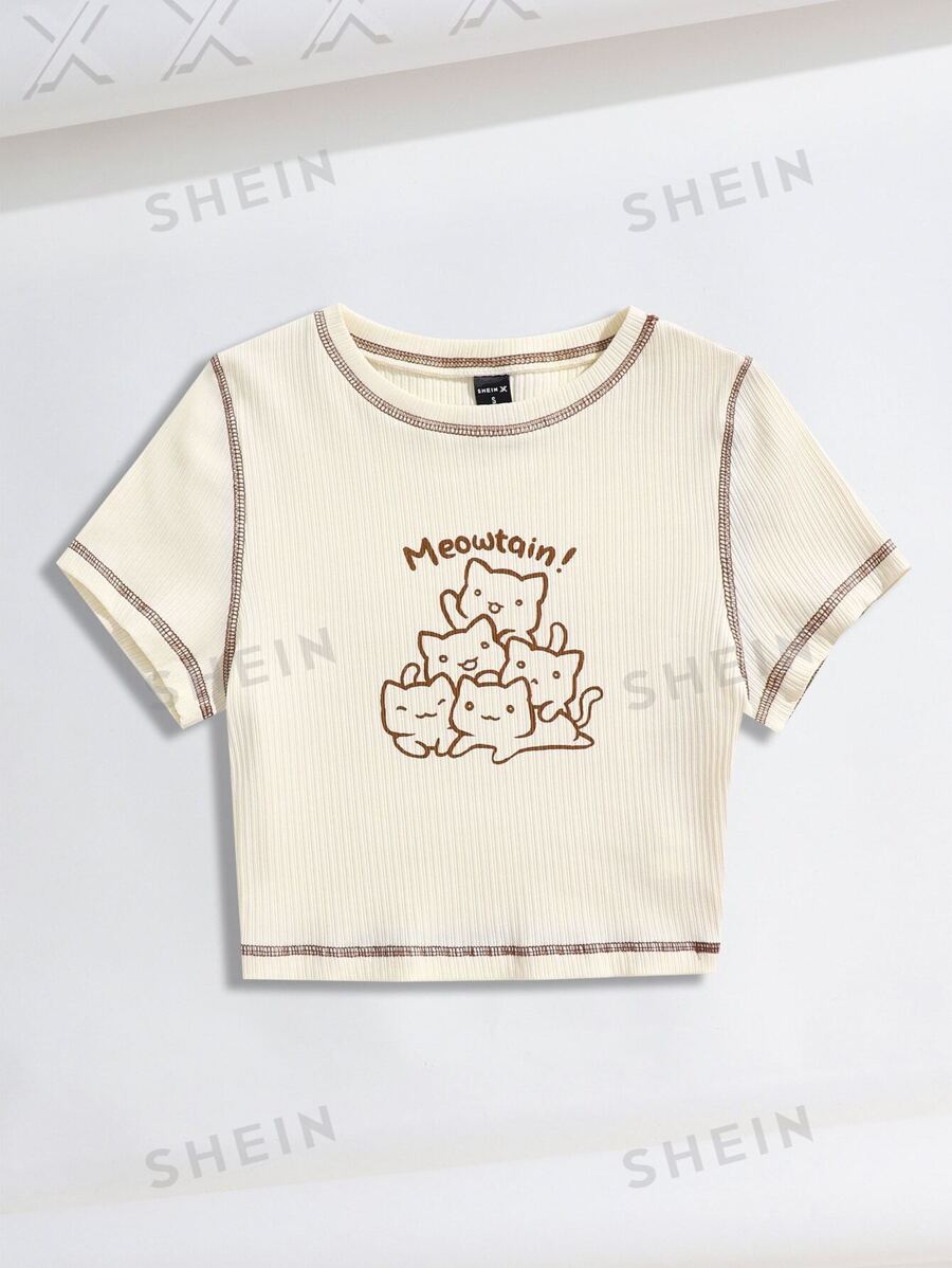 MsChibious Contrast Stitch Letter and Cartoon Graphic Top | SHEIN USA