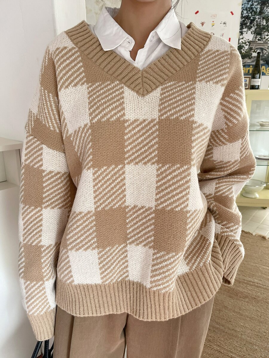 DAZY Buffalo Plaid Pattern Drop Shoulder Jumper Without Blouse | SHEIN UK