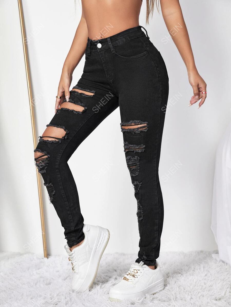 SHEIN ICON Ripped Cut Out Skinny Jeans | SHEIN UK