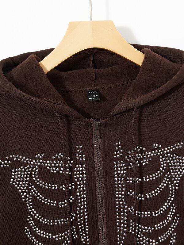 SHEIN Coolane Rhinestone Skeleton Pattern Drawstring Thermal Hoodie ...