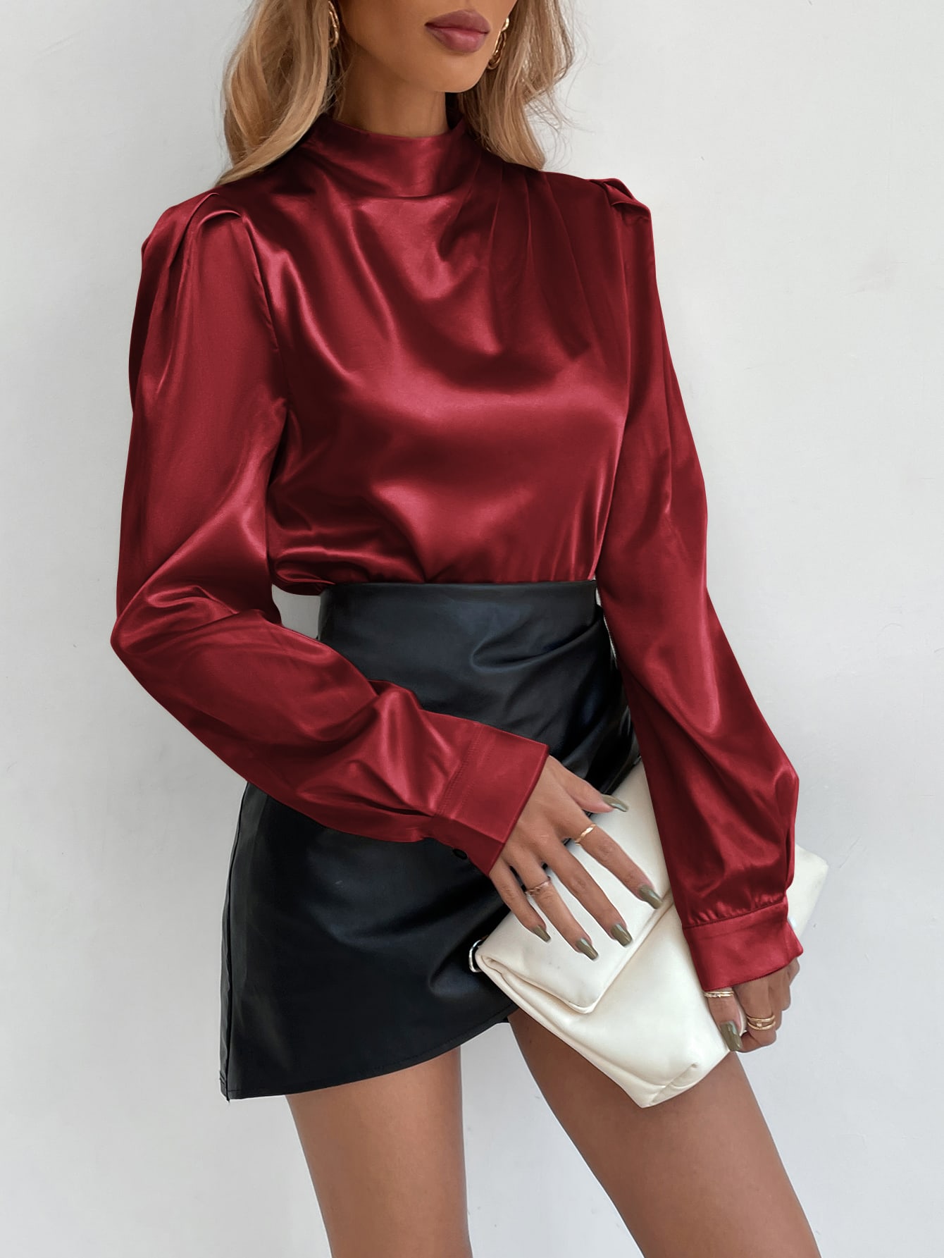 SHEIN Essnce Stand Neck Fold Pleated Satin Blouse | SHEIN USA