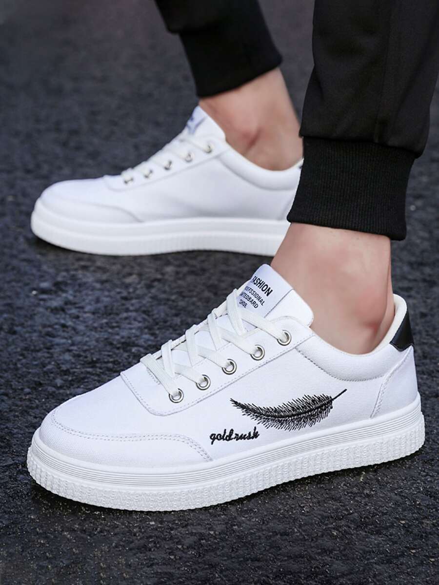 Men Feather Graphic Skate Shoes, Sporty White Non-Slip Flat Shoes Men’S ...