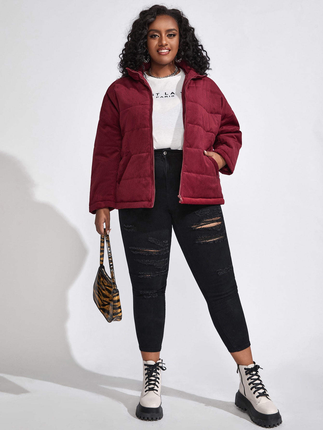 SHEIN Unity Plus Zip Up Cord Winter Coat | SHEIN USA