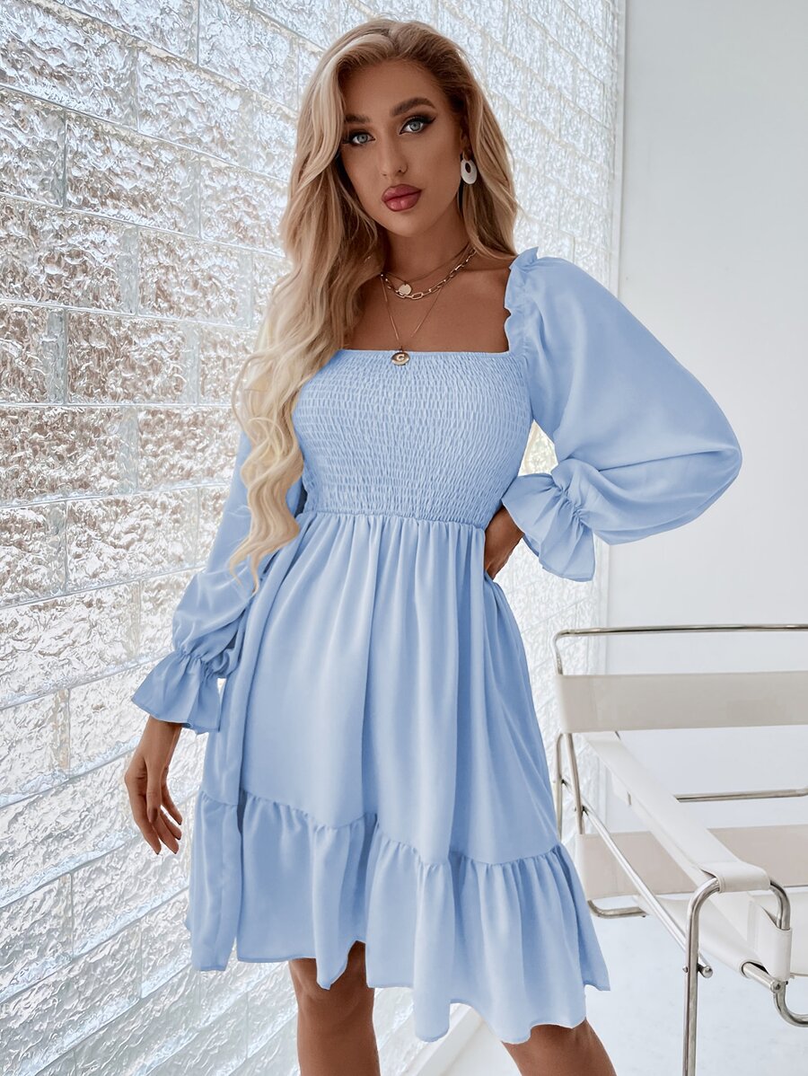 SHEIN VCAY Square Neck Shirred Bodice Flounce Sleeve Ruffle Hem Dress | SHEIN USA