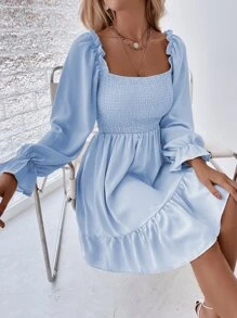 SHEIN VCAY Square Neck Shirred Bodice Flounce Sleeve Ruffle Hem Dress | SHEIN USA