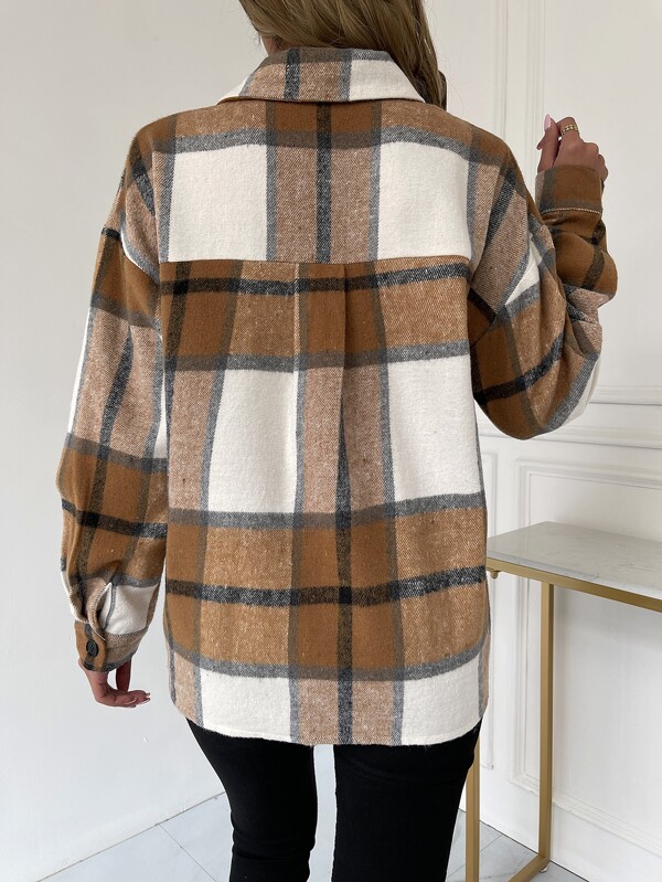 Shein Lune Plaid Flap Pocket Drop Shoulder Coat Shein