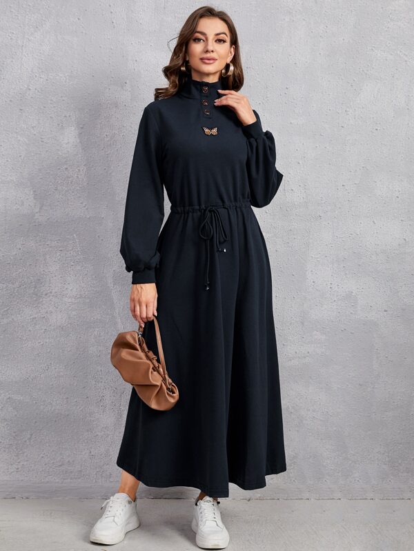 Shein Mulvari Patch Detail Lantern Sleeve Drawstring Waist Dress