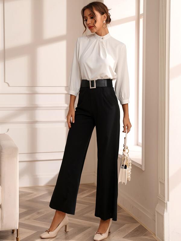 SHEIN Modely Mock Neck Three Quarter Sleeve Blouse Workwear | SHEIN USA