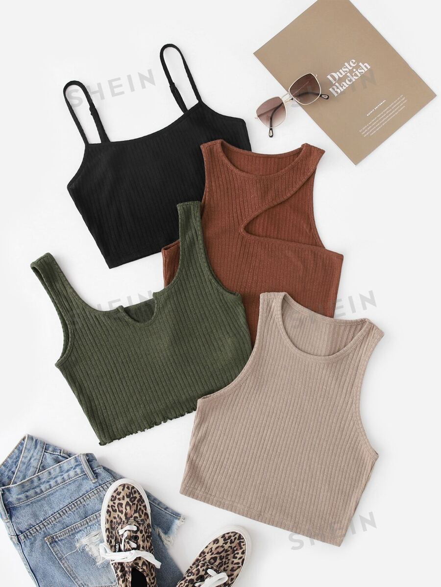 SHEIN EZwear 4pcs Ribbed Knit Tank Top & Cami Top | SHEIN UK