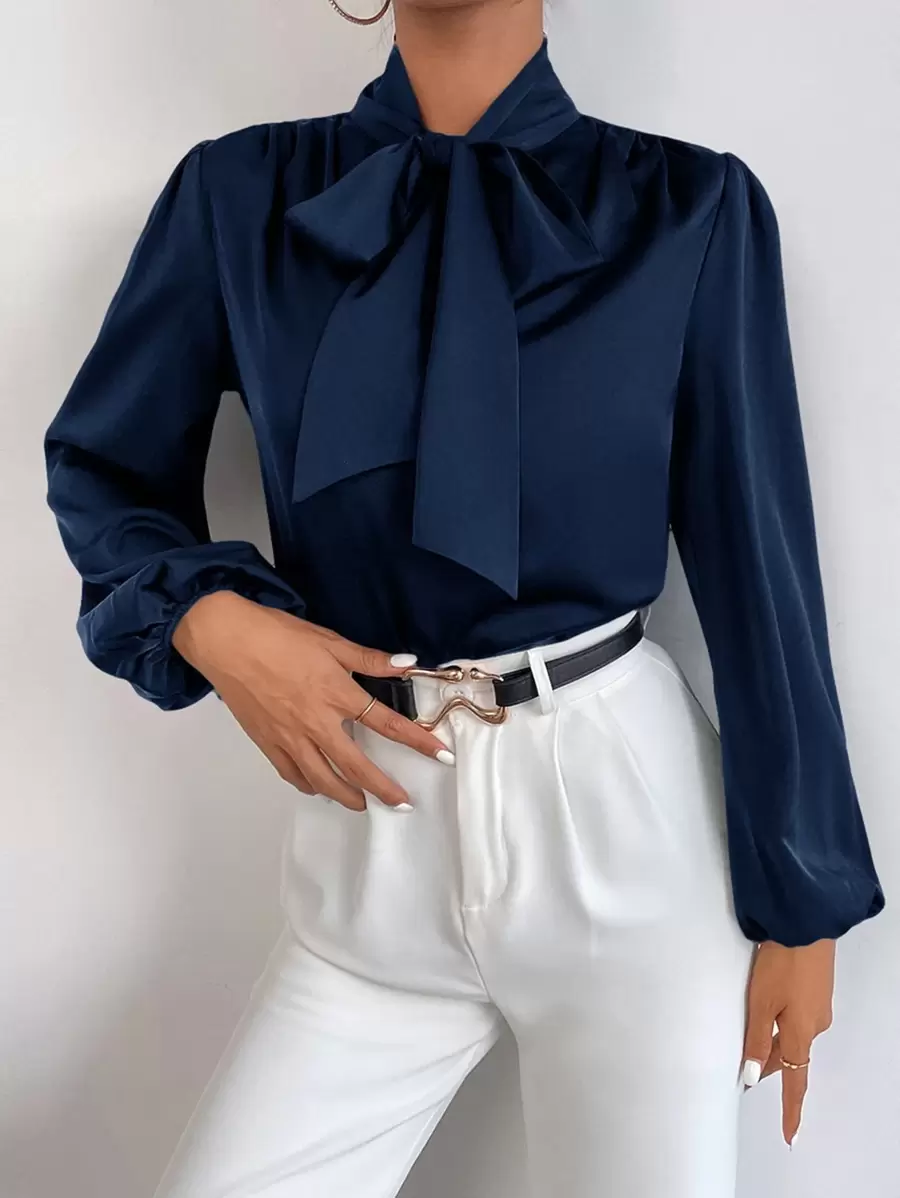 SHEIN BAE Satin Tie Neck Bishop Sleeve Blouse,Long Sleeve Tops | SHEIN USA