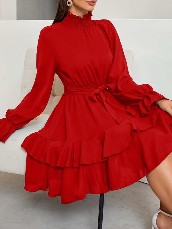 Shein Privé Flounce Sleeve Shirred Neck Ruffle Hem Belted Dress Shein Usa