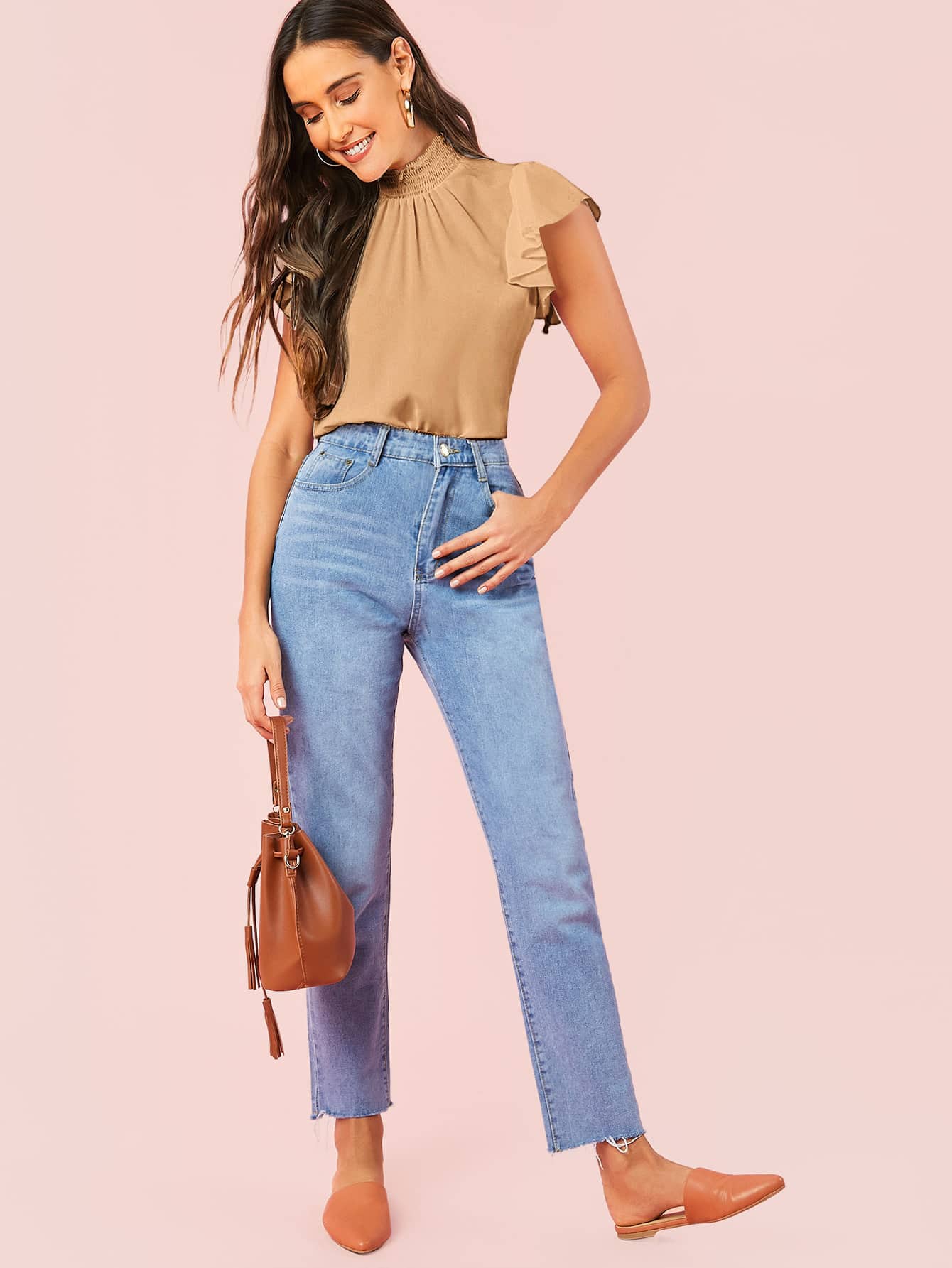 Shein Frenchy Shirred Neck Flutter Sleeve Top Shein Usa