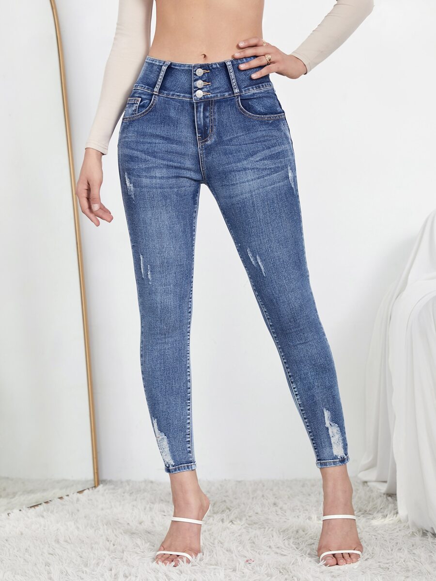 SHEIN Essnce Button Detail Ripped Skinny Jeans | SHEIN USA