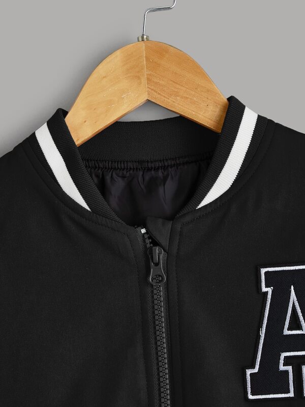 SHEIN Kids Academe Boys Letter Patched Striped Trim Bomber Jacket ...