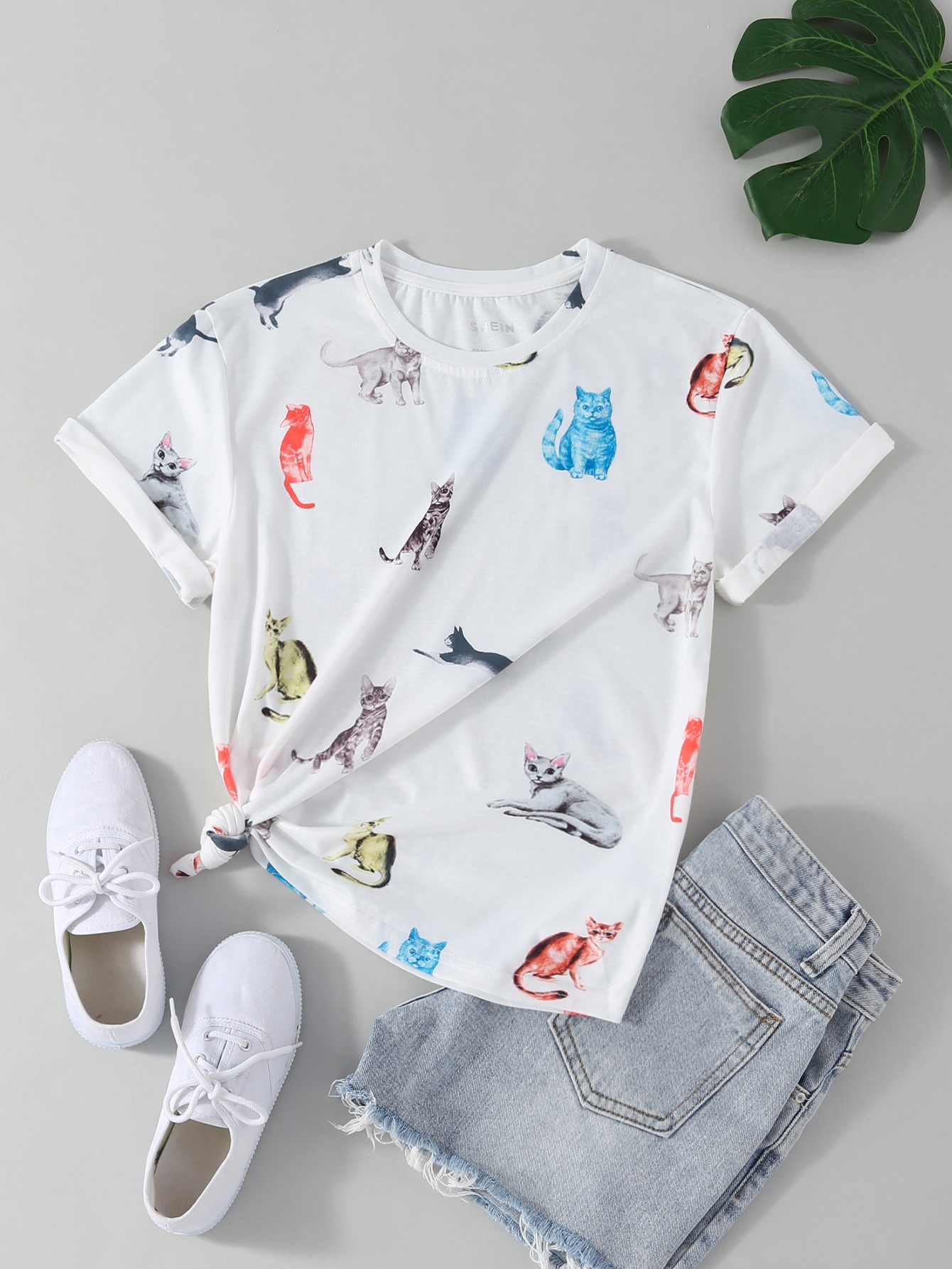SHEIN Essnce Allover Cat Print Tee | SHEIN UK