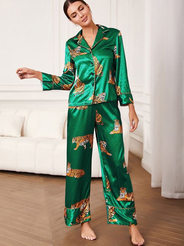 Polka Dot & Tiger Print Contrast Piping Satin PJ Set | SHEIN EUQS