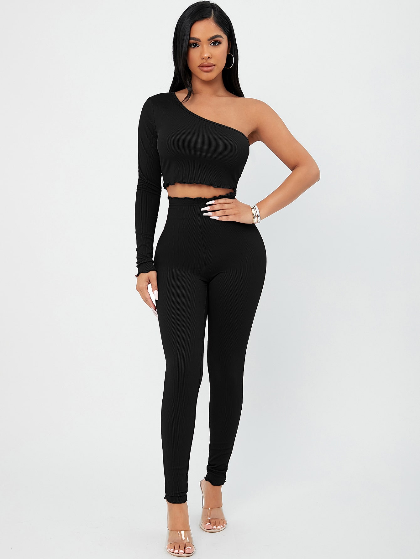Shein Sxy One Shoulder Lettuce Trim Crop Top And Leggings Shein Usa