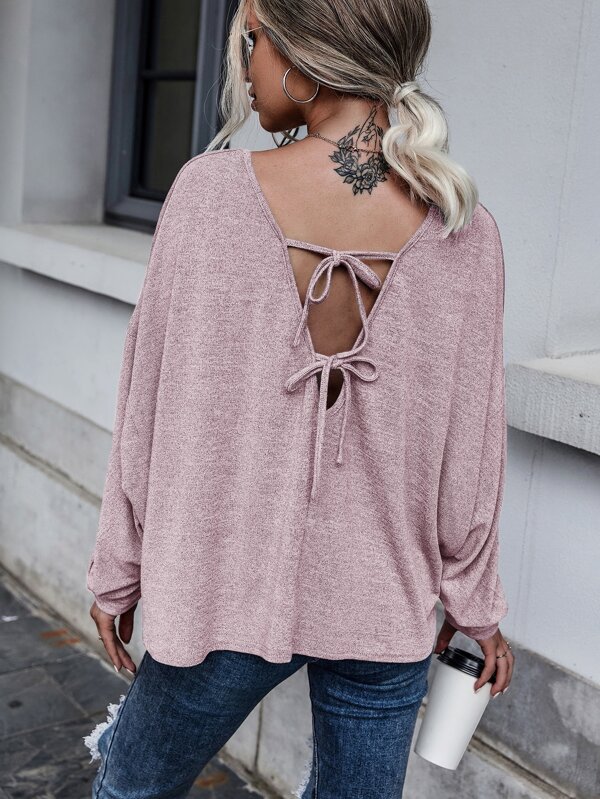 SHEIN LUNE Solid Tie Back Drop Shoulder Tee | SHEIN USA