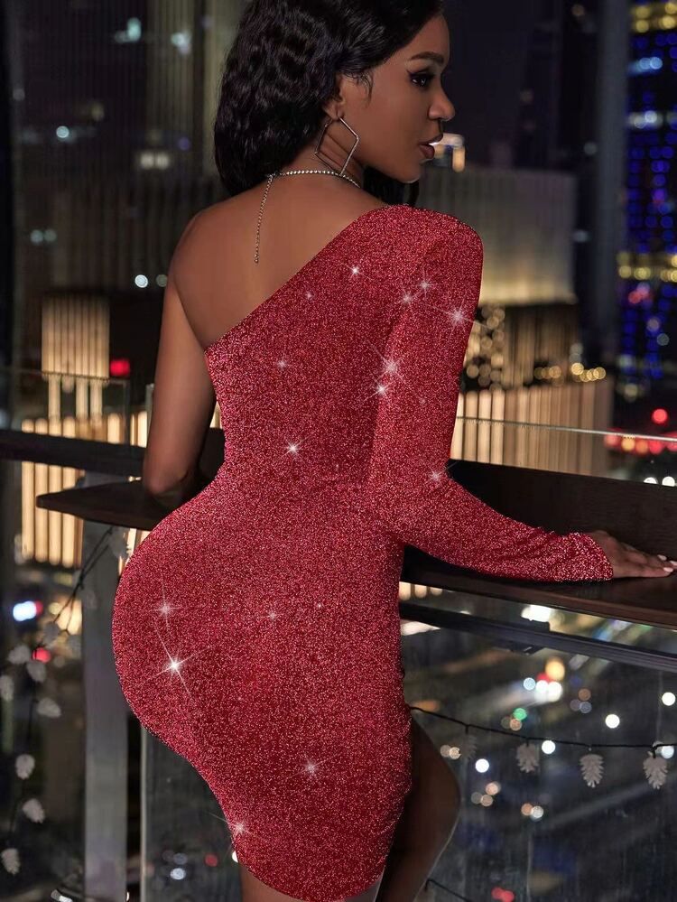 One Shoulder Ruched Glitter Bodycon Dress | SHEIN