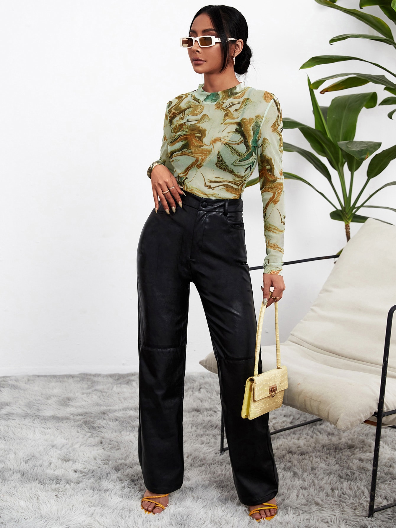 Shein Privé Marble Print Mock Neck Mesh Top Without Bra Shein Uk