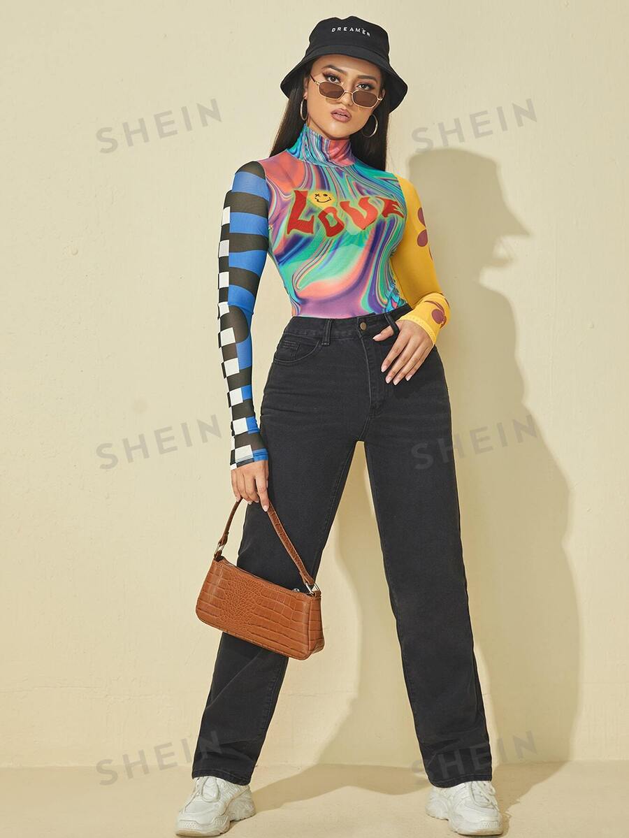SHEIN ICON Mock Neck Letter & Cartoon & Striped Pattern Colourblock Top ...