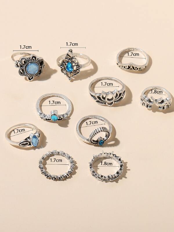 10pcs Floral & Rhinestone Ring | SHEIN USA