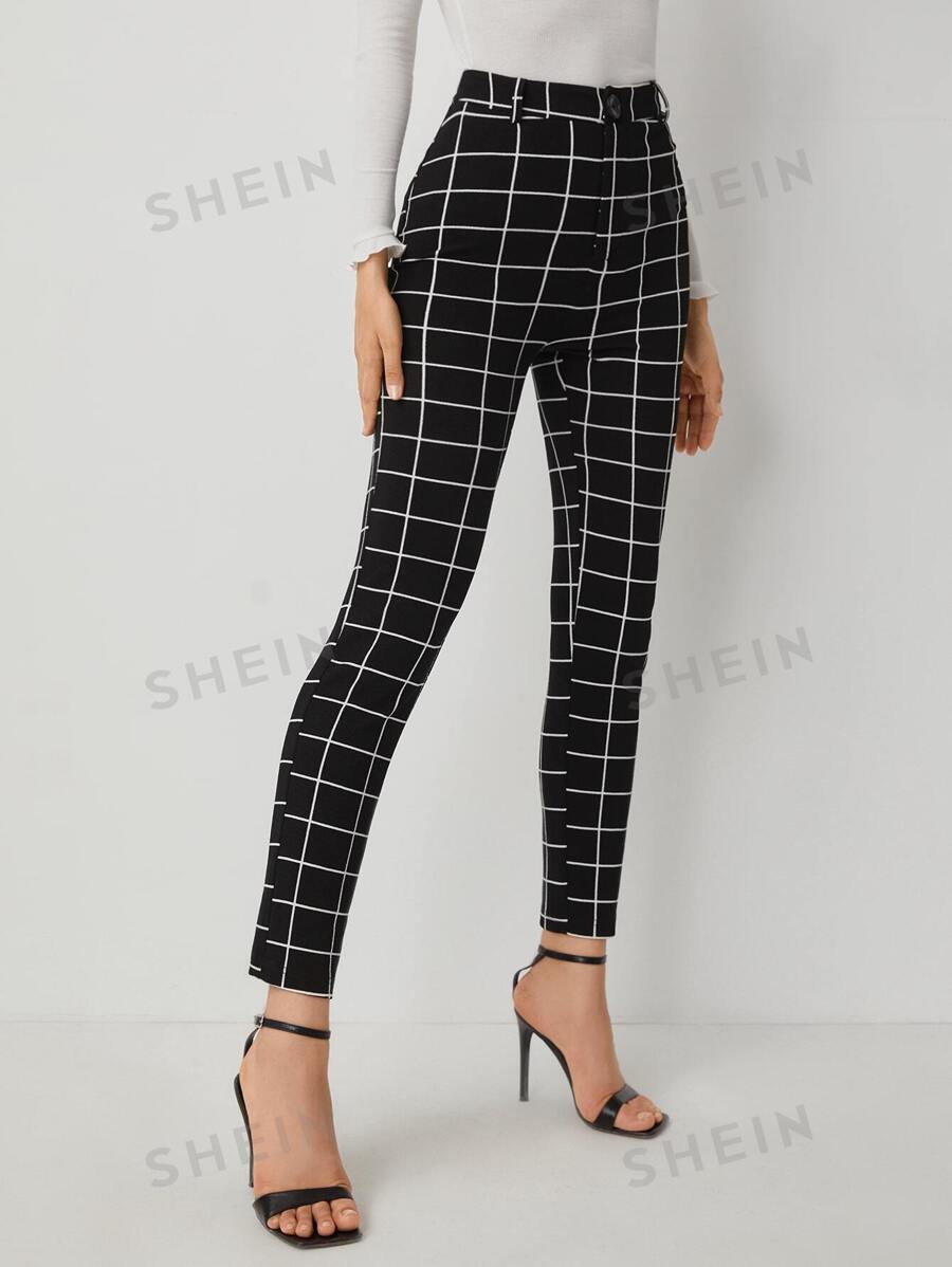 SHEIN Essnce Plaid Print High Waist Trousers | SHEIN UK