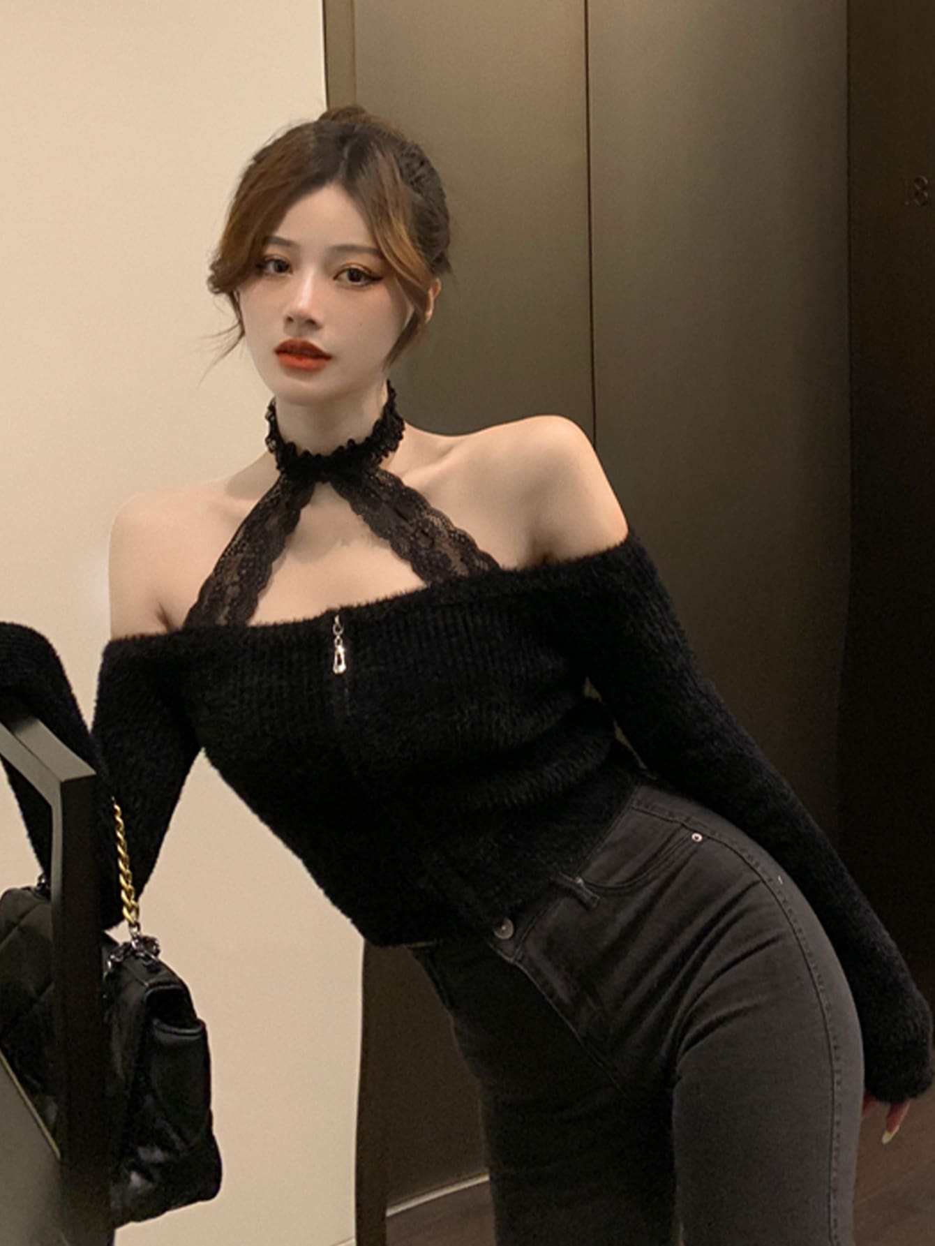 Solid Zip Front Lace Halter Fluffy Jumper | SHEIN UK