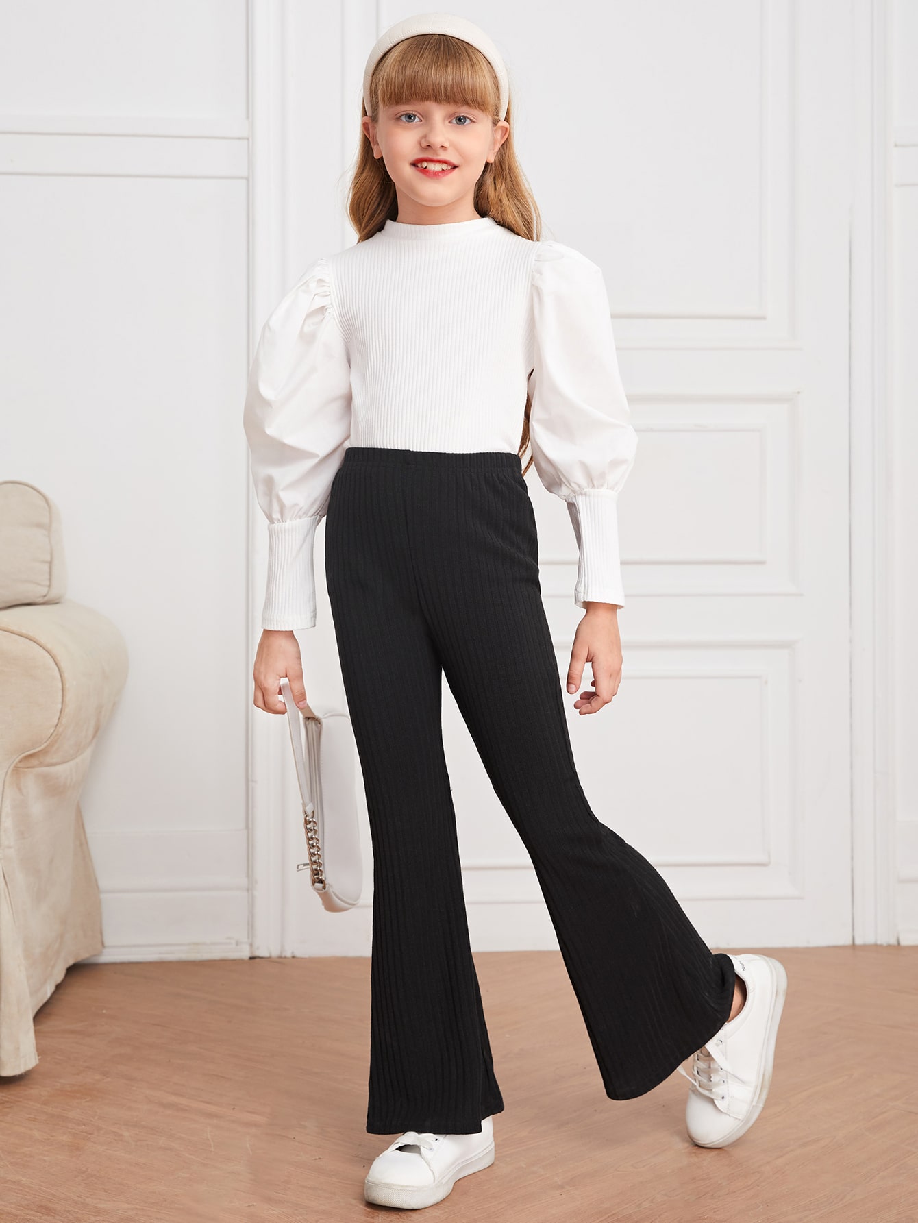 SHEIN Kids EVRYDAY Girls Elastic Waist Rib-knit Flare Leg Trousers ...