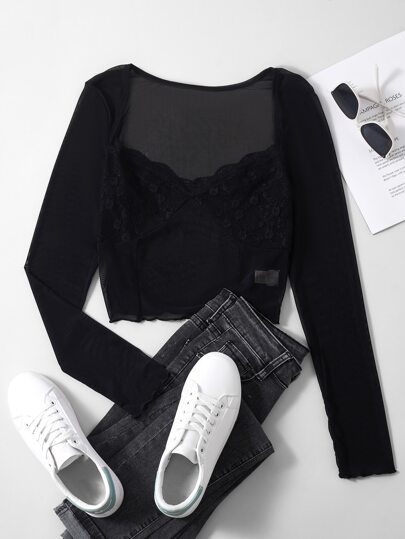 Mock Neck Lettuce Trim Mesh Top Without Bra Romwe Usa