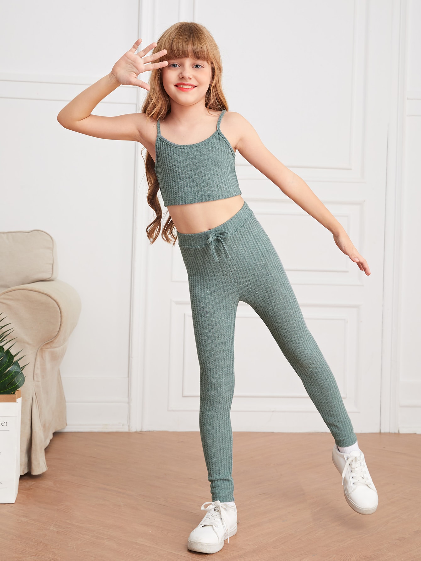 SHEIN Kids EVRYDAY Girls Waffle Knit Drop Shoulder Coat & Pants With ...