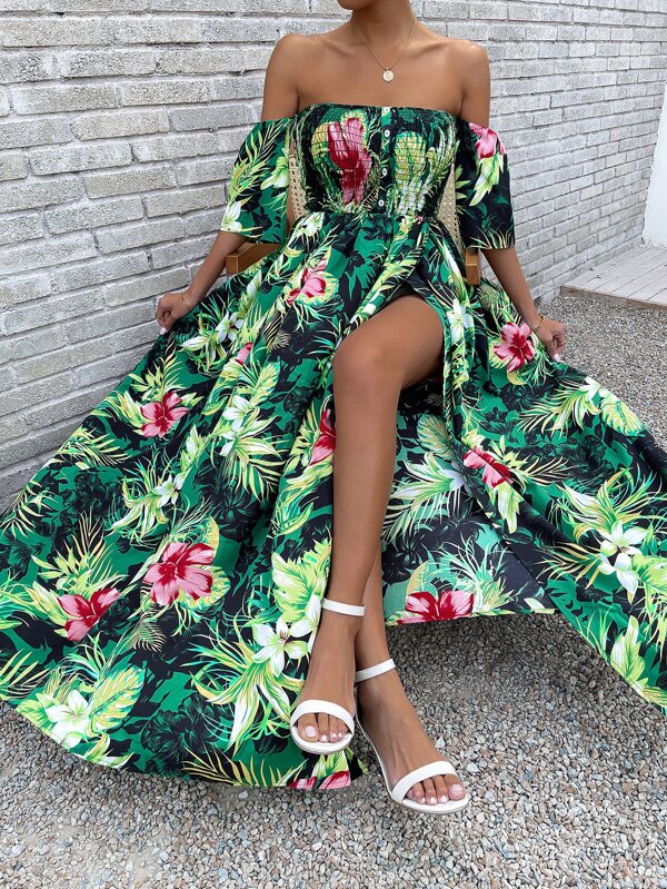 Tropical Print Off Shoulder Shirred Bodice Split Thigh Dress | SHEIN EUR