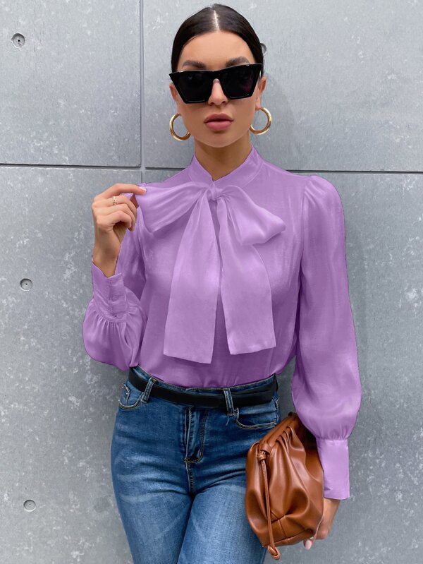 Shein Privé Tie Neck Puff Sleeve Satin Blouse Shein Uk