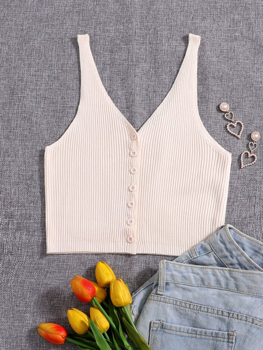 Button Front Ribbed Knit Top | SHEIN USA