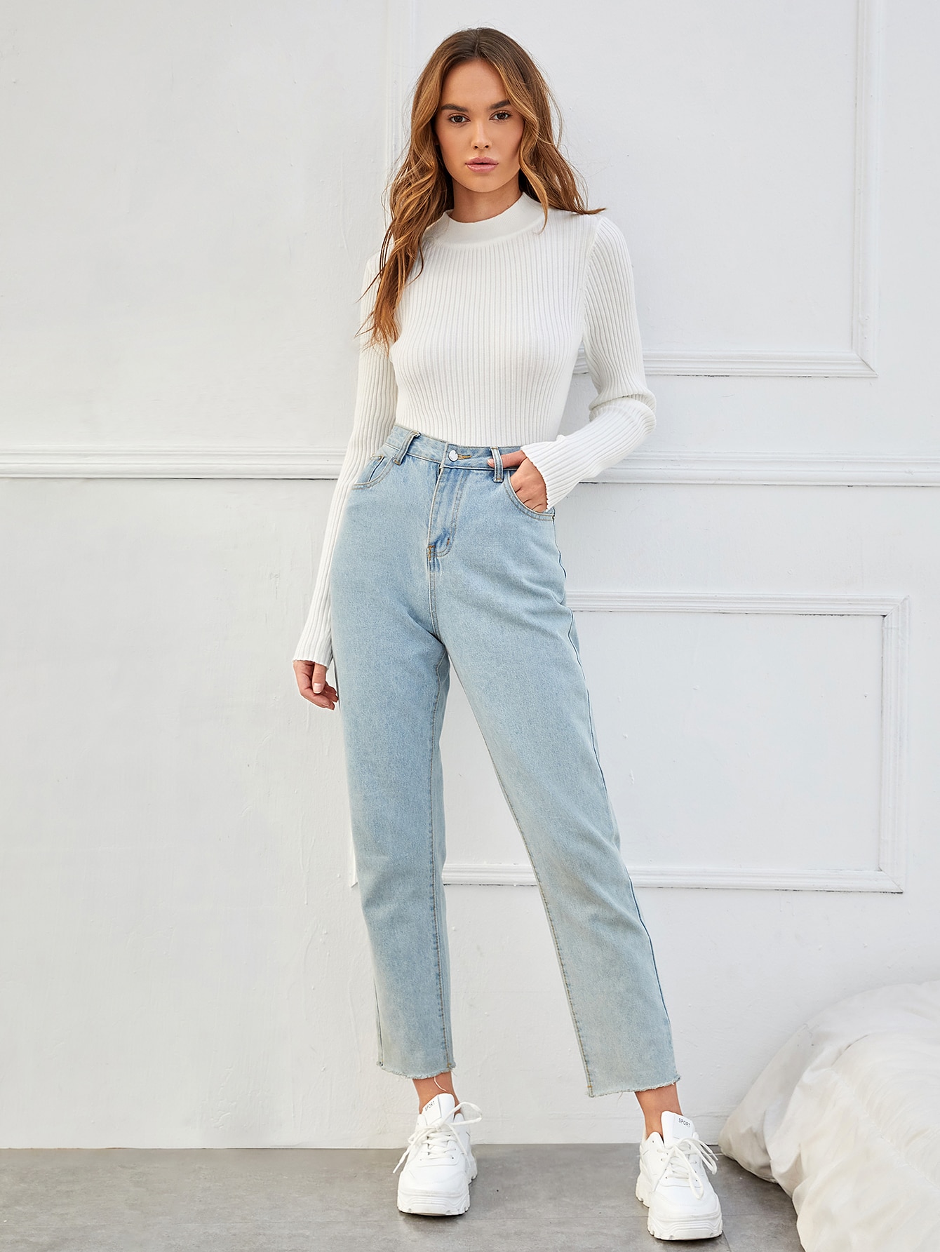 SHEIN Rib Knit Stand Neck Sweater | SHEIN USA