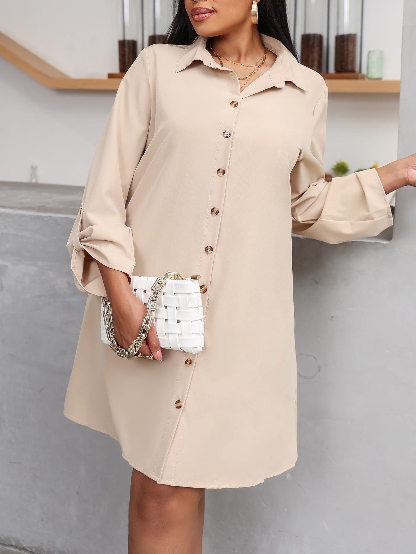 Plus Roll Tab Sleeve Shirt Dress Shein Usa