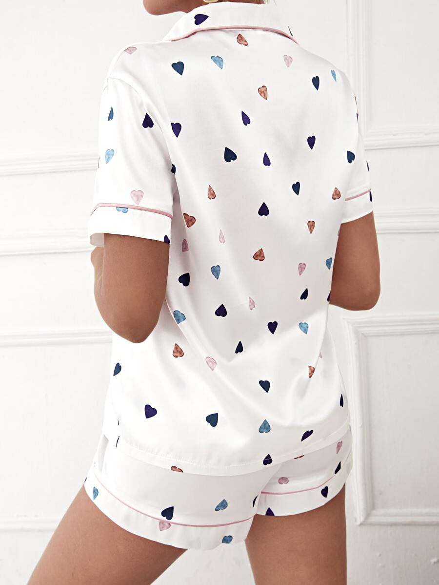Heart Print Contrast Binding Satin Pyjama Set | SHEIN UK