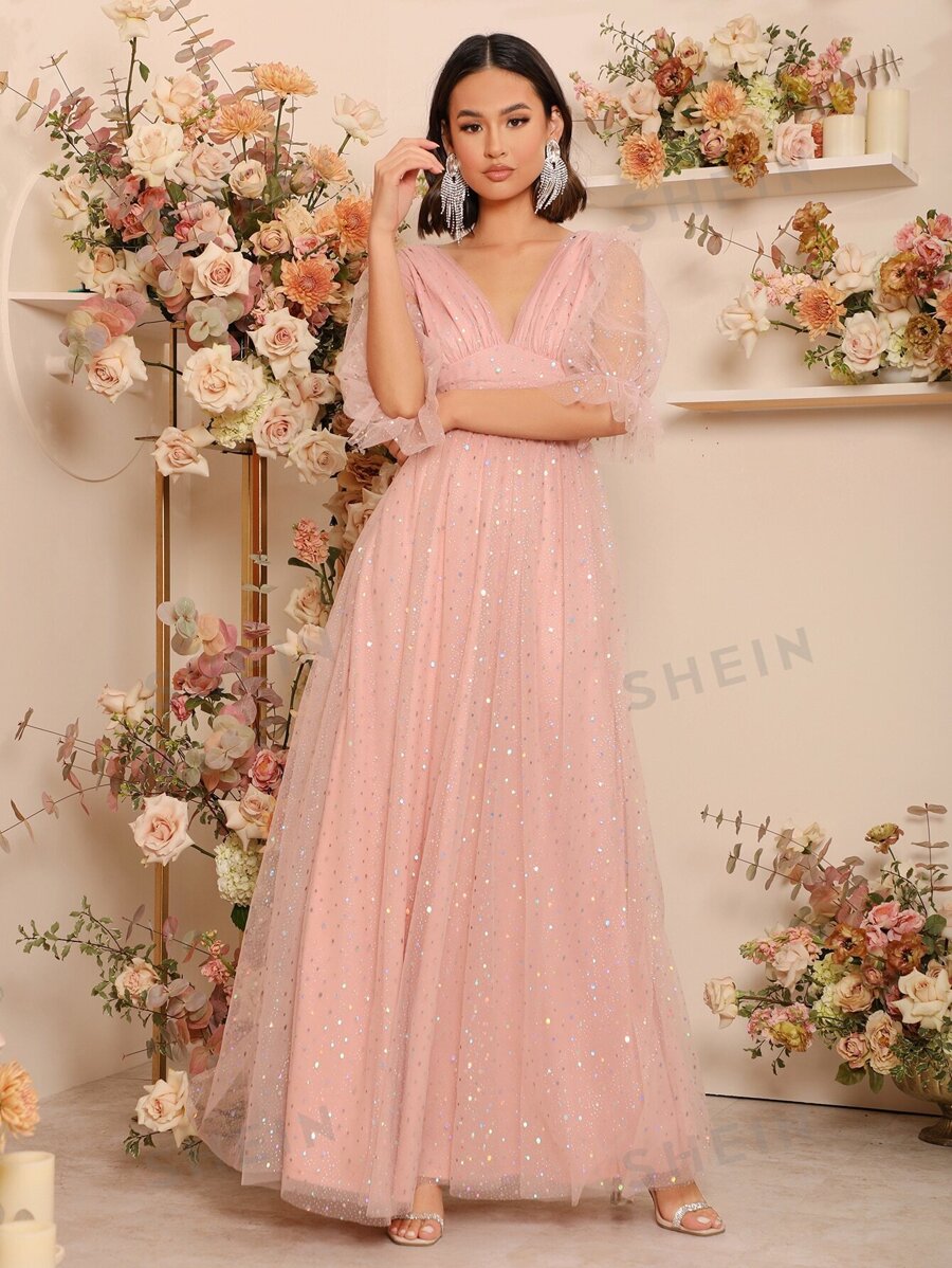 SHEIN Belle Vestido de dama de honor de manga farol de malla | Moda de ...