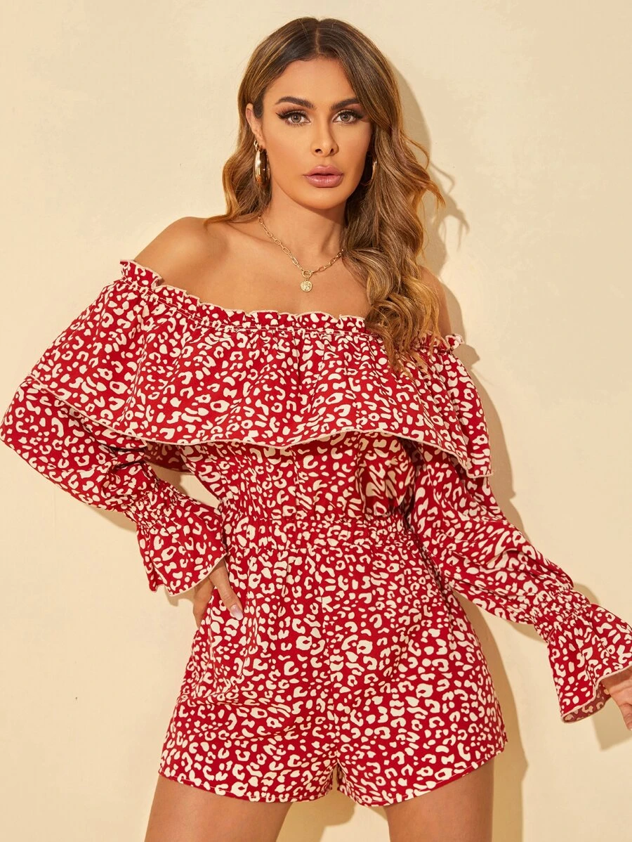 SHEIN Leopard Print Off Shoulder Bell Sleeve Romper | SHEIN USA