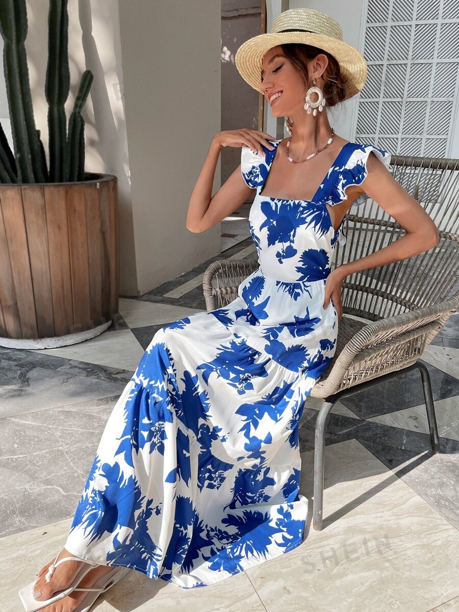 SHEIN VCAY Butterfly Sleeve Ruffle Hem Allover Floral Dress | SHEIN UK