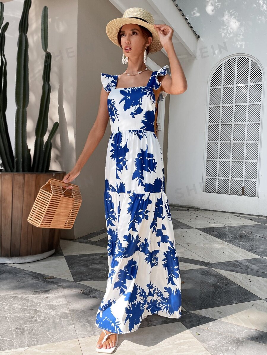 SHEIN VCAY Butterfly Sleeve Ruffle Hem Allover Floral Dress | SHEIN UK