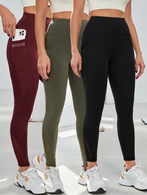 Yoga Basic 3pcs Cropped Workout Leggings Wide Waistband Mesh Panel Gym ...