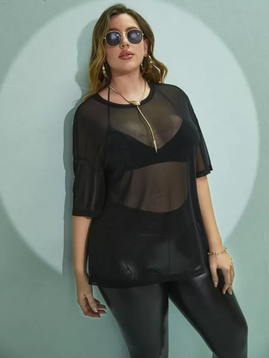Calvaya Plus Drop Shoulder Sheer Mesh Top Without Bra | SHEIN USA